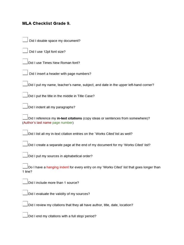 MLA Checklist Grade 9 | PDF