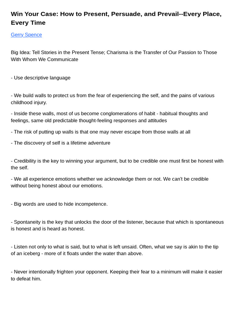 Win Your Case How To Present, Persuade, and Prevail - Every Place, Every Time | PDF | Emotions ...