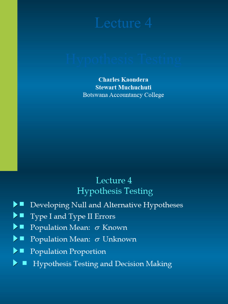Lecture 4 Hypothesis Testing Final Pdf Null Hypothesis Statistical Hypothesis Testing