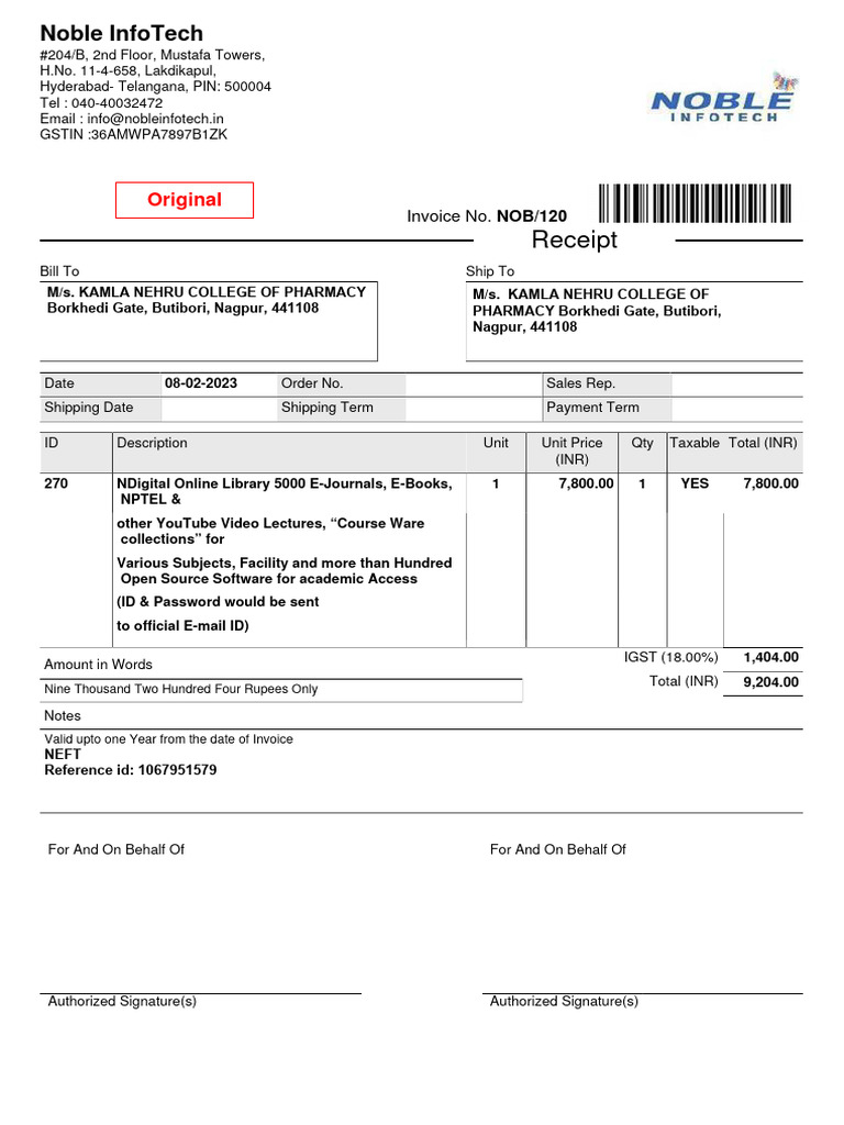 Invoice for NDigital Library Services | PDF