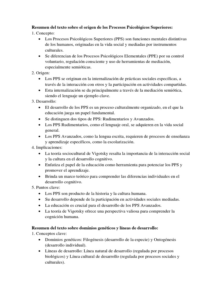 Resumen Del Texto Sobre El Origen de Los Procesos Psicológicos Superiores | Descargar gratis PDF ...