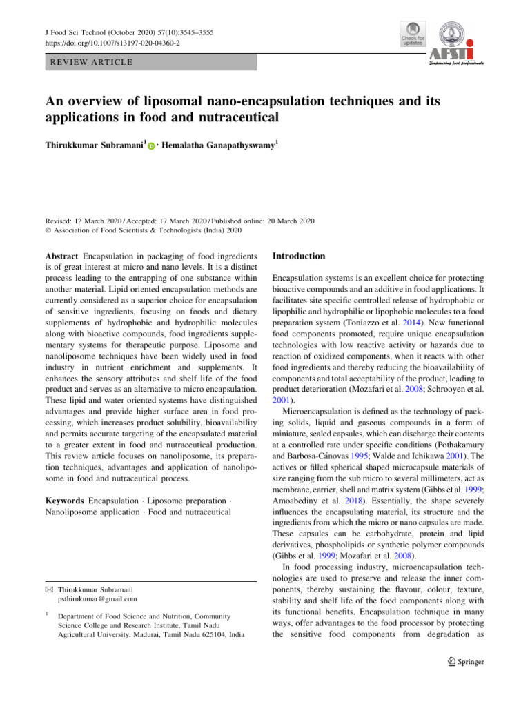 An Overview of Liposomal Nano-Encapsulation Techniques and Its ...