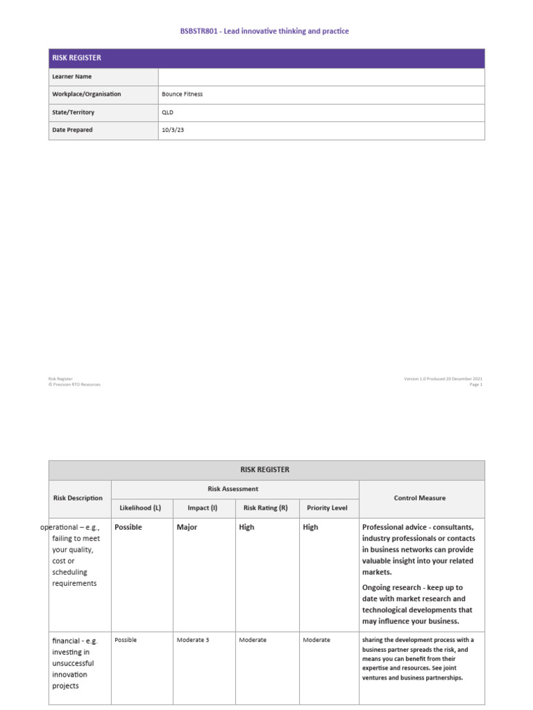 BSBSTR801-Risk-Register-v1.0 | PDF | Risk | Hazards