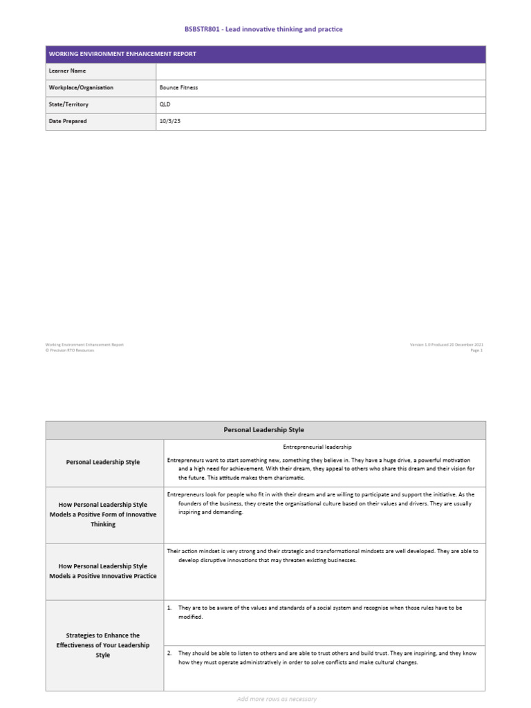 BSBSTR801 Working Environment Enhancement Report v1.0 | PDF ...