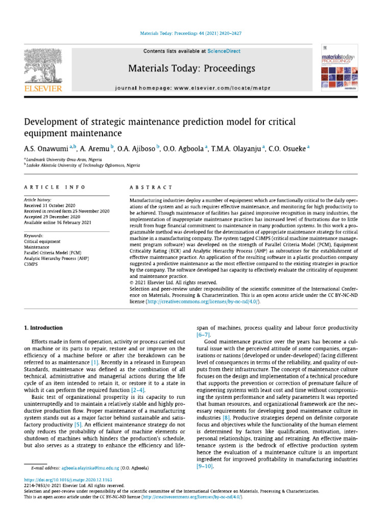 Development of Strategic Maintenance Prediction Model For Critical ...