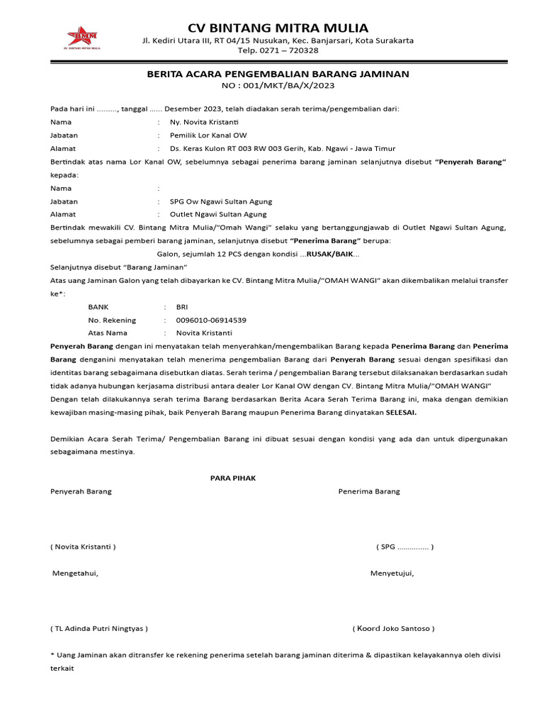 Rev Dealer Lor Kanal Ngawi Draft Berita Acara Penyerahan Barang Jaminan | PDF