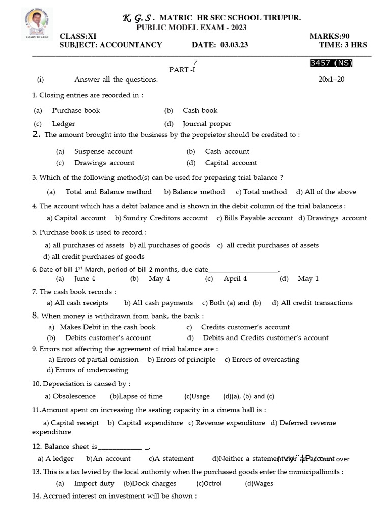 Namma Kalvi 11th Accountancy Model Questin Paper EM 221452 | PDF ...