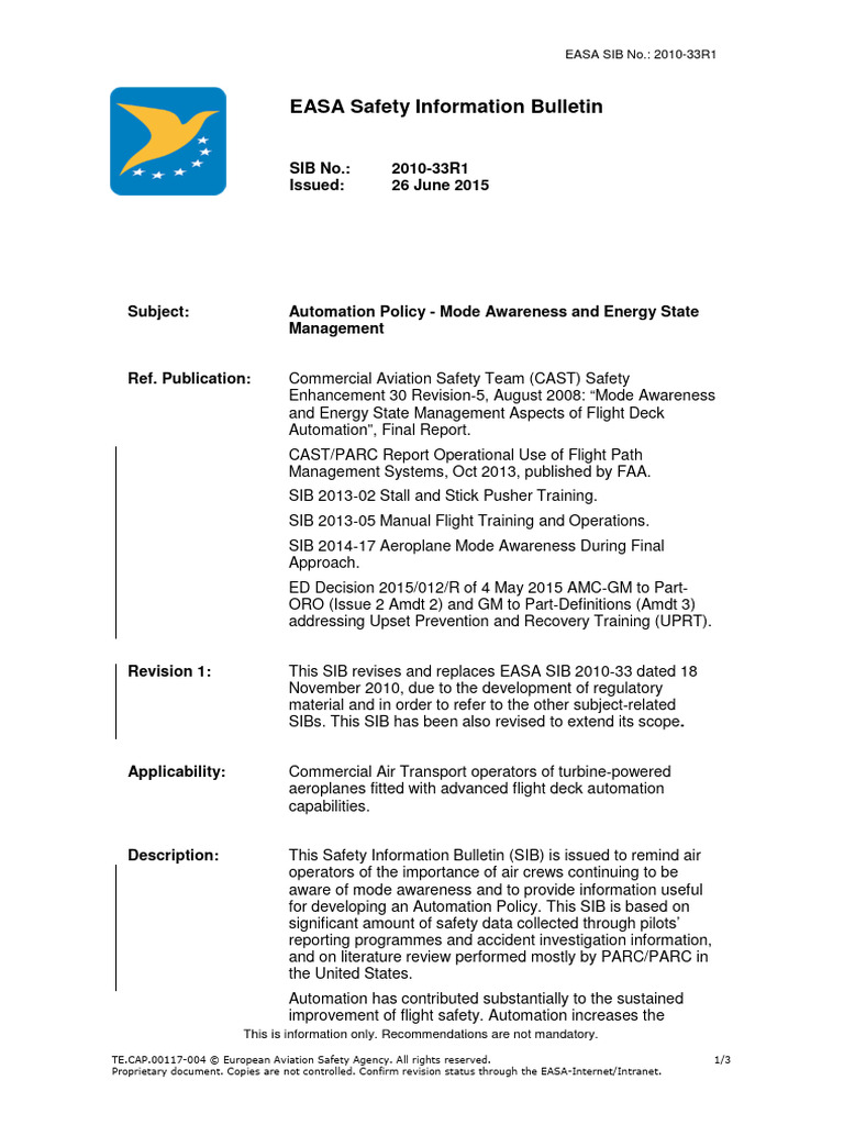 Easa Sib 2010-33R1 1 | PDF | Aviation Safety | Automation