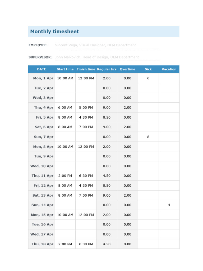 Monthly Timesheet Template - My Hour | Download Free PDF | Overtime ...