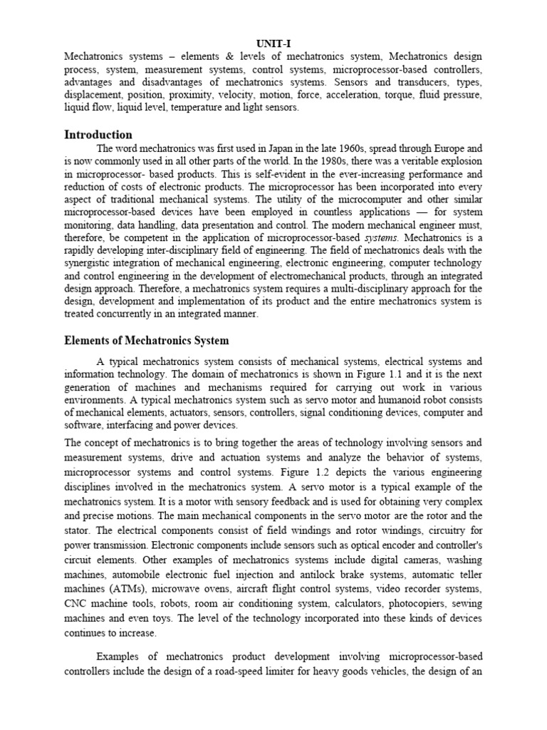 Mechatronics UNIT-1 | PDF | Mechatronics | Microcontroller