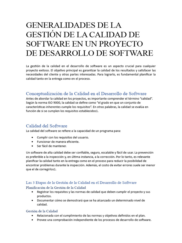 Generalidades de La Gestión de La Calidad de Software en Un Proyecto de Desarrollo de Software ...