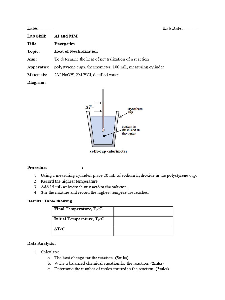 Lab 14 - Heat of Neutralization | PDF | Science & Mathematics