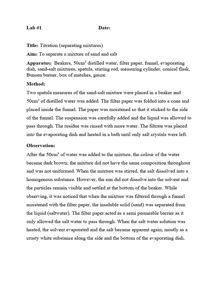 Titration Separating Mixtures Lab-1 | PDF | Filtration | Mixture