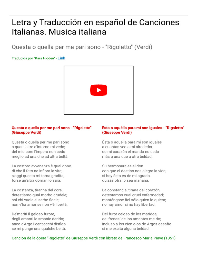 Letra y Traducción en Español de Canciones Italianas. Musica Ita | PDF