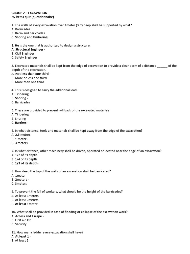 Group 2 - Excavation 25 Items Quiz (Questionnaire) | PDF | Safety