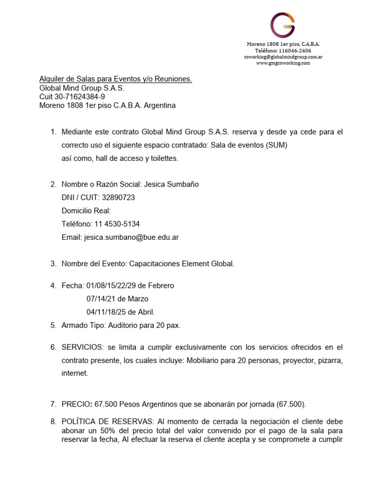 Contrato de Alquiler de Salas Eventos Jesy Elemental G | PDF