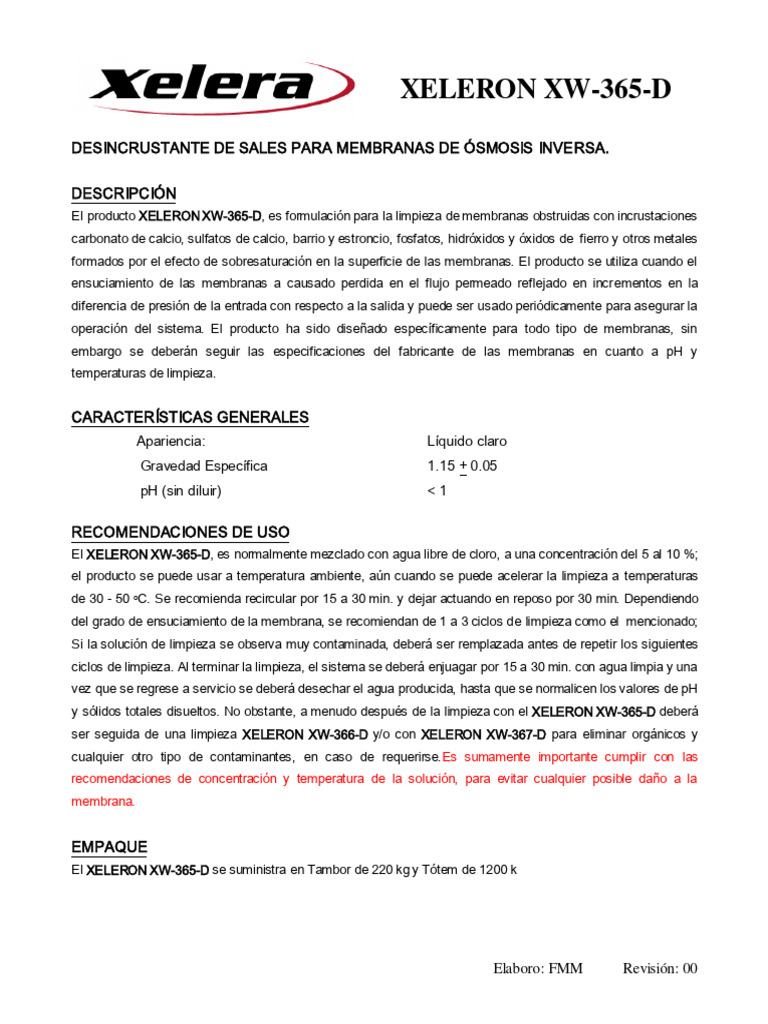 XELERON XW-365-D Desincrustante para OI | PDF | Calcio | Ósmosis