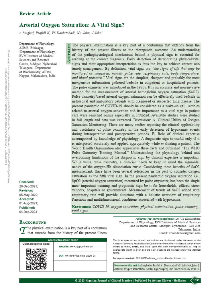 Arterial Oxygen Saturation | PDF | Physiology | Medicine