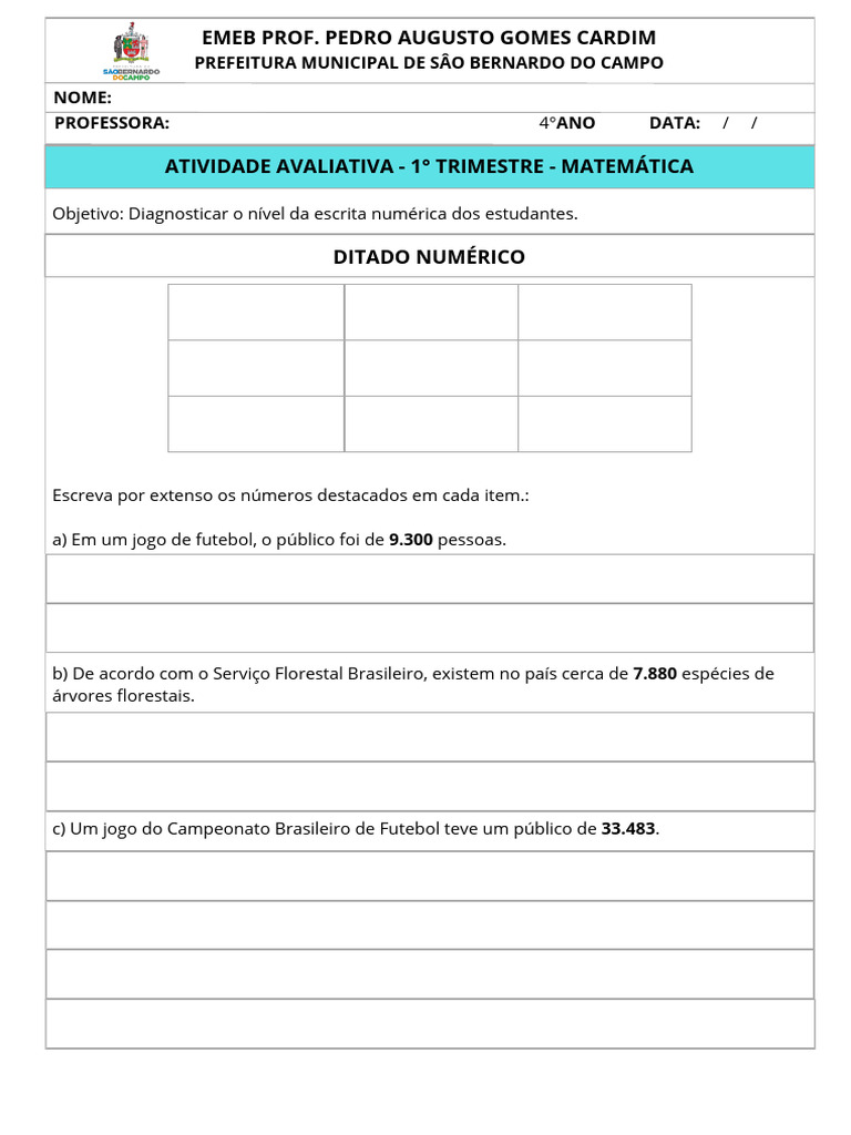 Avaliativa 1°tri Matemática (A4) | PDF | Tempo | Matemática