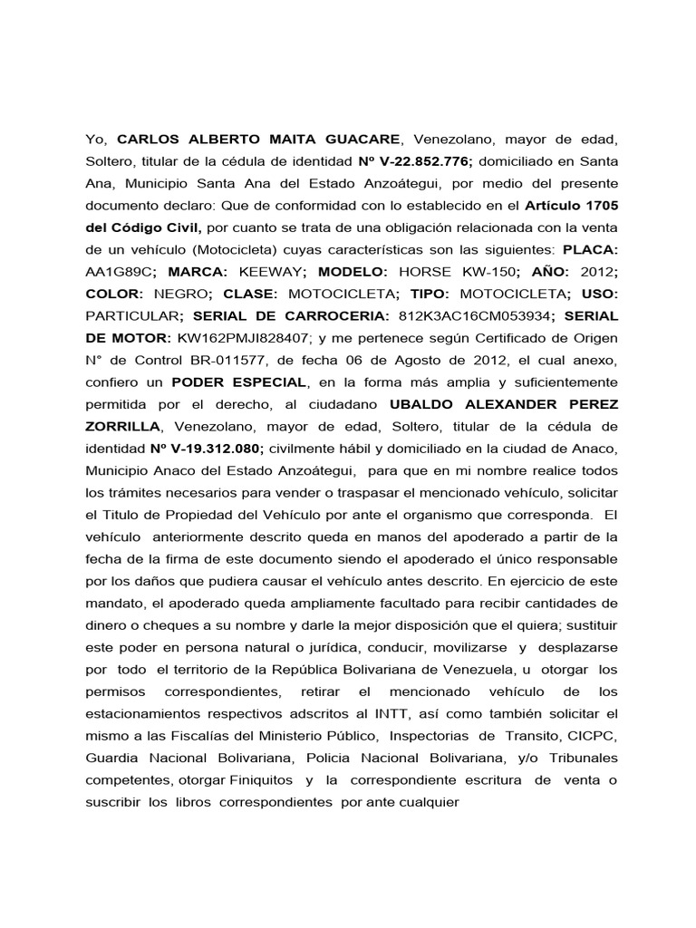 Poder Especial para Venta de Motocicleta | PDF | Venezuela | Documento de identidad