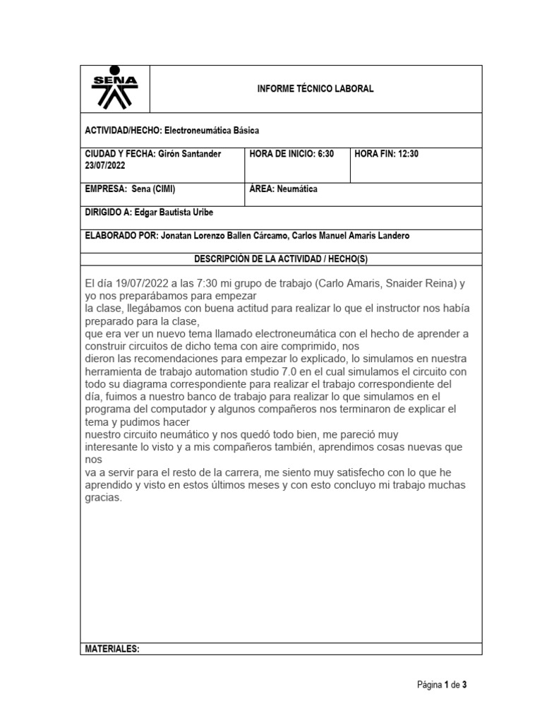 Informe de Electroneumática Básica | PDF