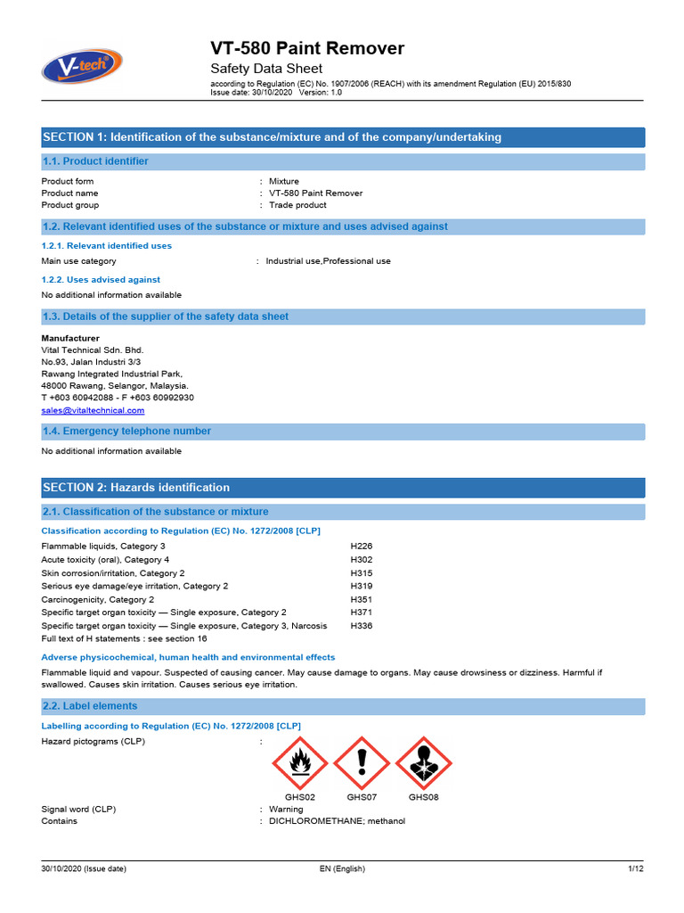 VT-580 Paint Remover - SDS - EU - EN - 1.0 | PDF | Toxicity ...