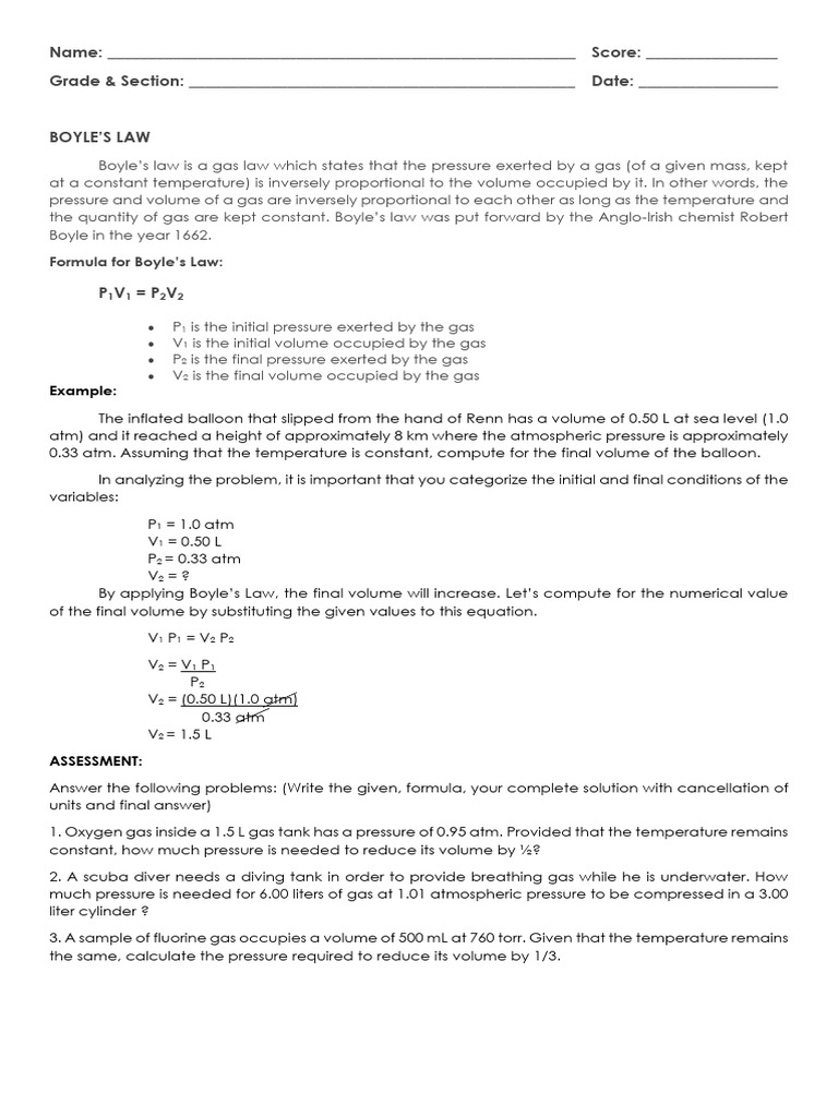 Boyle's Law Computation | PDF | Gases | Pressure