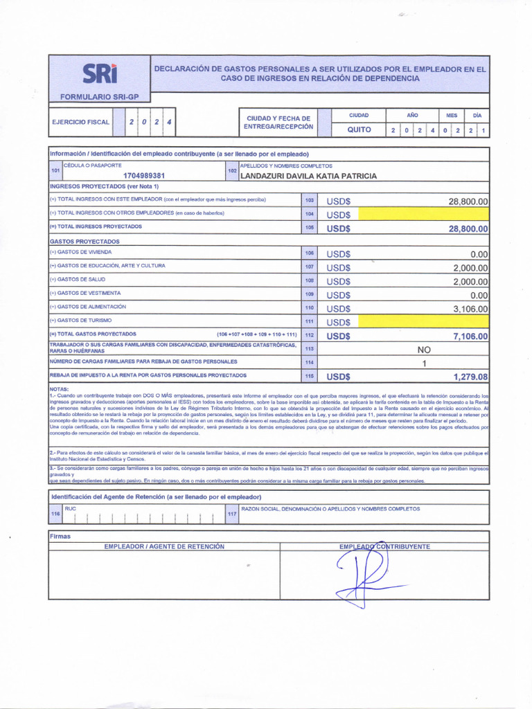 Formulario Sri 2024 Gastos Personales Eco. Patricia Landazuri | PDF ...