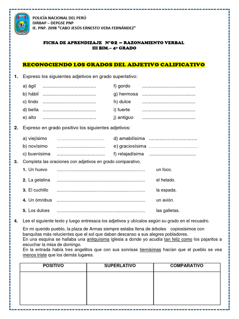 Ficha de Aprendizaje 02 Razonamiento Verbal - Iii Bimestre - Grados Del Adjetivo | Descargar ...