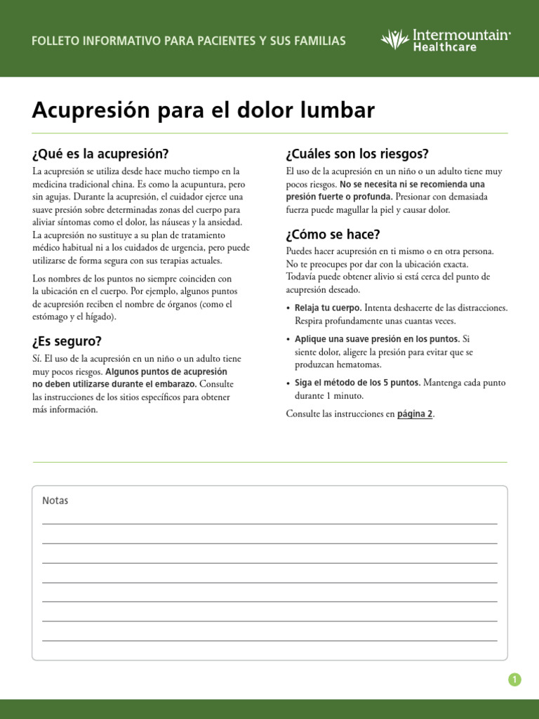 Acupressure For Low Back Pain Fact Sheet Spanish | PDF | Acupresión ...