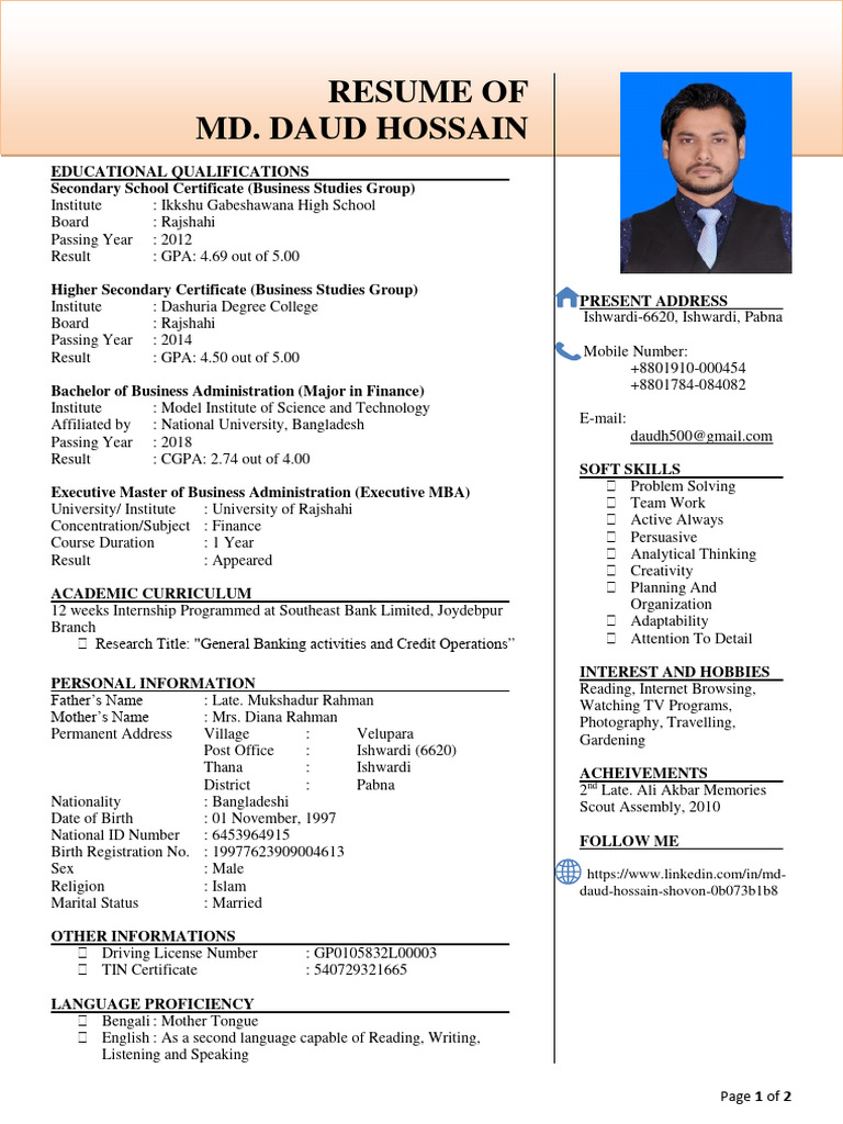 Resume of Md. Daud Hossain | PDF | Master Of Business Administration | Bangladesh