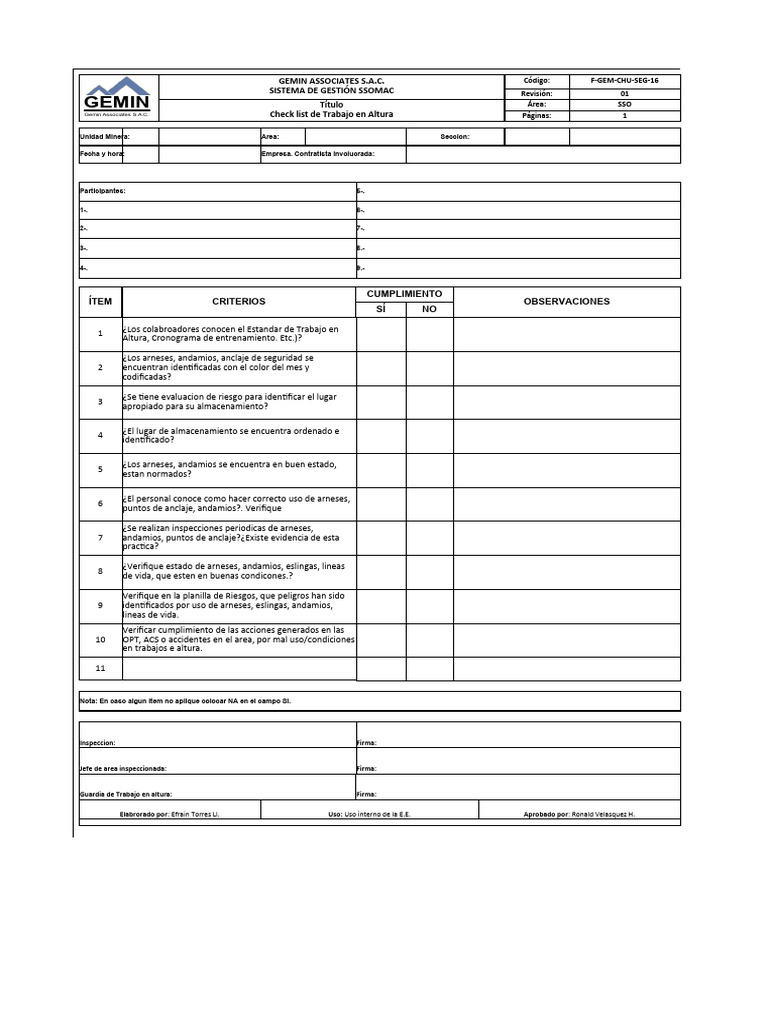 Checklist de Seguridad en Trabajo en Altura | PDF
