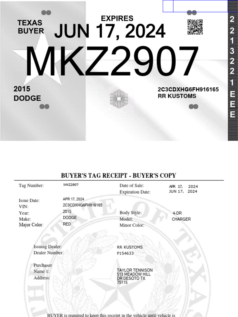 Texas Vehicle Buyer Receipt 2024 | PDF | Dodge | Rear Wheel Drive Vehicles