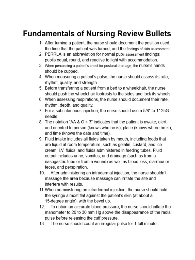 Fundamentals of Nursing Review Bullets | PDF | Pain | Nursing