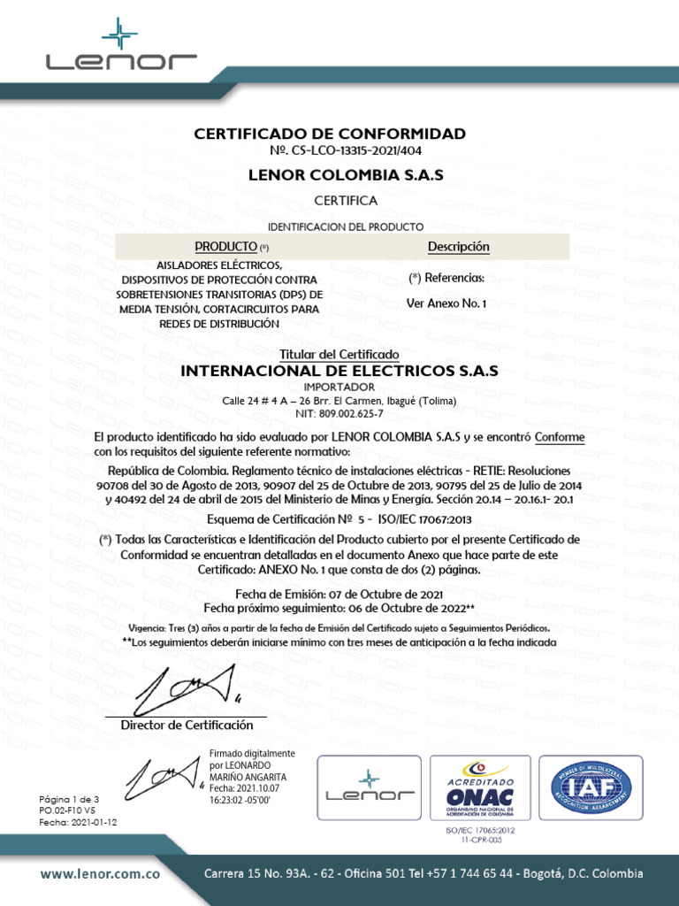 Certificado Retie Aisladores Pararrayos y Cortacircuitos | PDF | Ingenieria Eléctrica | Electricidad
