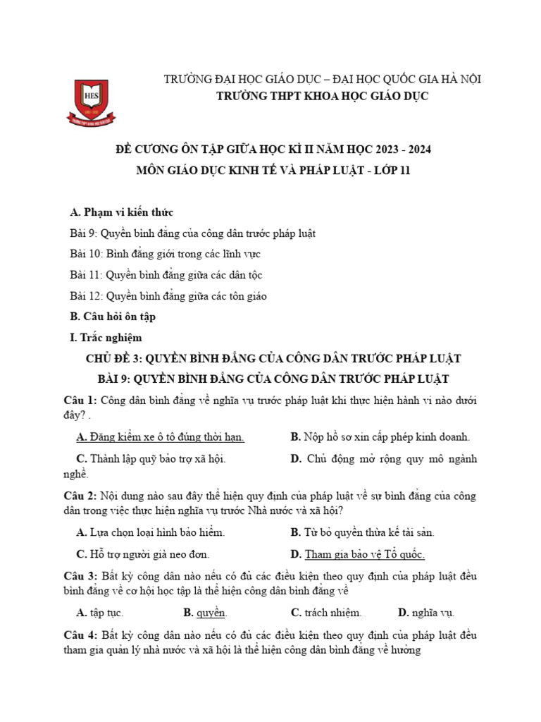 ĐÁP ÁN ĐỀ CƯƠNG K11 GIỮA HKII. NĂM HỌC 2023-2024 | PDF