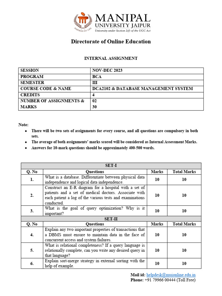 IA - DCA2102 - DBMS - Set 1 and 2 - Dec2023 | PDF | Databases | Information Technology