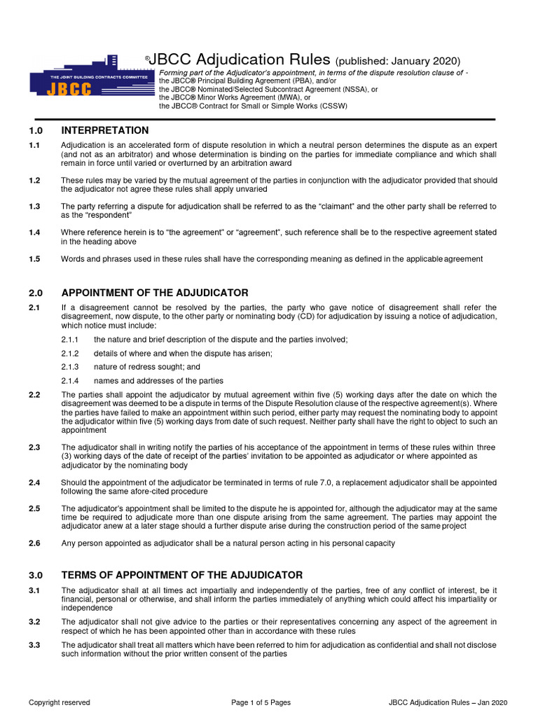 JBCC Adjudication Rules2020 | PDF | Adjudication | Costs In English Law