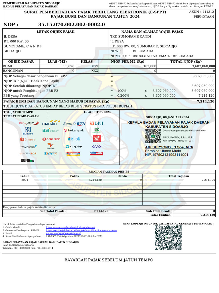 Surat Pemberitahuan Pajak Terhutang Elektronik (E-Sppt) Pajak Bumi Dan Bangunan Tahun 2024 | PDF