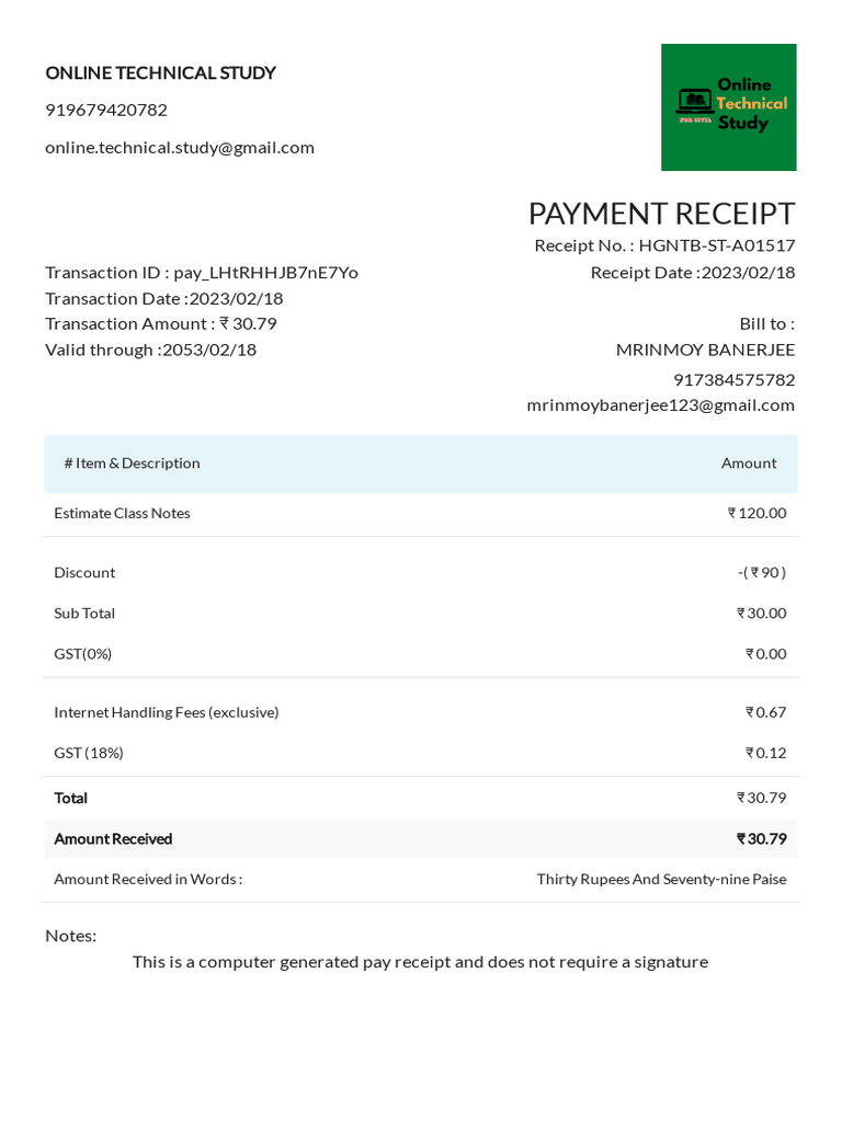 Payment Receipt for Online Study Course | PDF