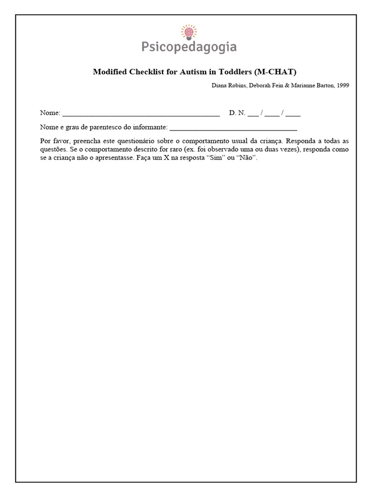 Modified Checklist For Autism in Toddlers M CHAT 4429501bb91940 | PDF ...