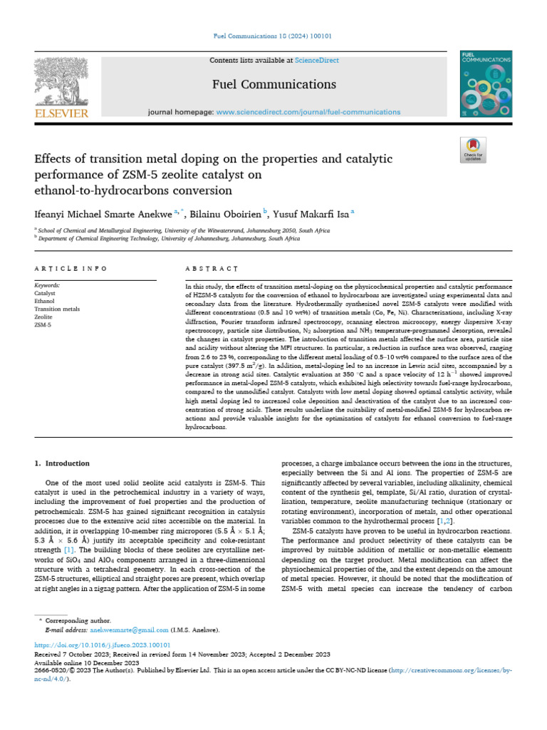 Anekwe (2024) Anomali Impregnasi Zn10% | PDF | Catalysis | Zeolite