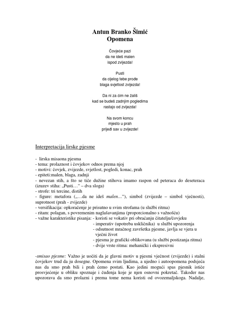 Antun Branko Šimić - Opomena | PDF