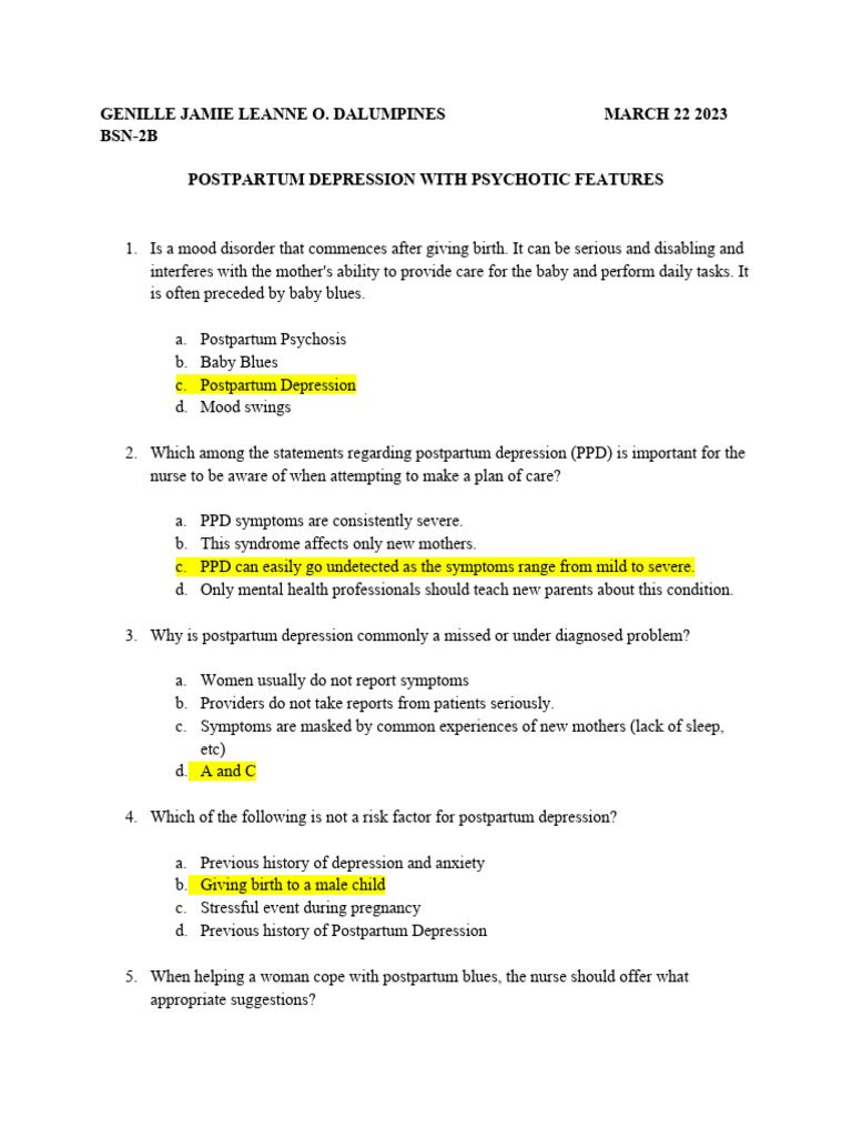 Postpartum Depression Questionnaire | PDF | Postpartum Depression ...