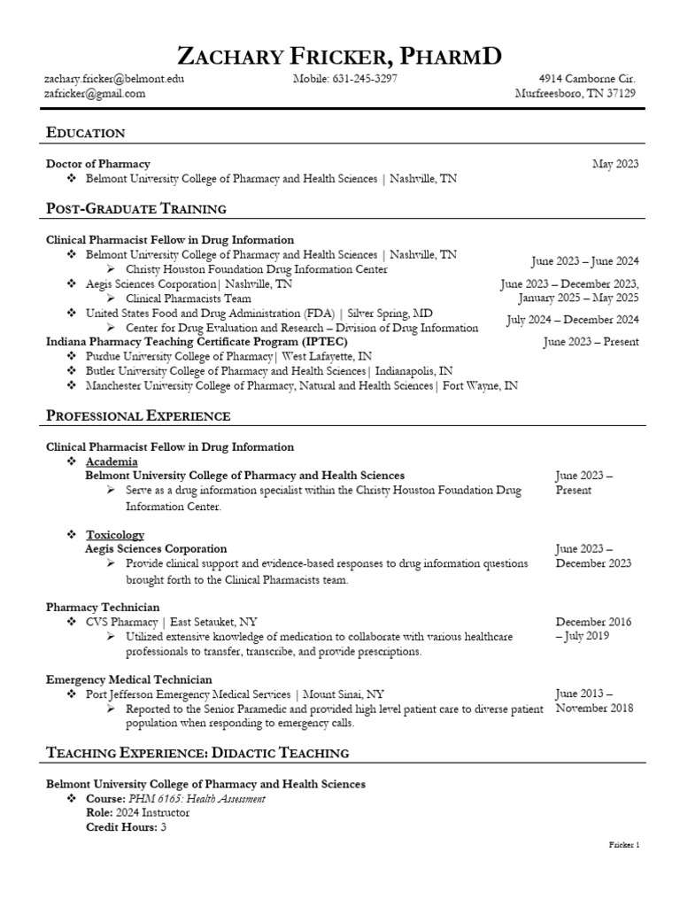 Zachary Fricker's Pharmacy CV and Experience | PDF | Pharmacy | Pharmacist