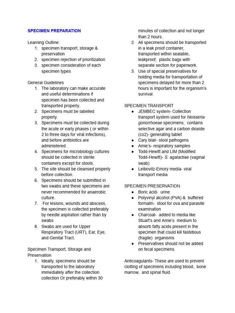 Specimen Preparation in Clinical Laboratory | PDF | Pneumonia | Bacteria