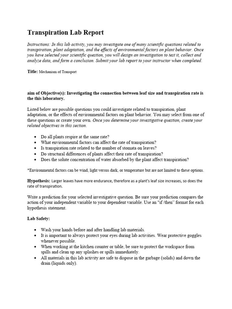 Transpiration Rate and Leaf Size Lab | PDF | Leaf | Stoma