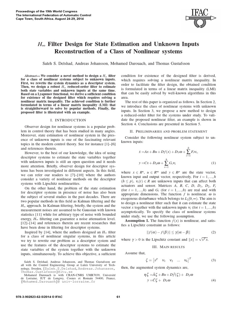H Filter Design For State Estimation and Unknown Inputs 2014 IFAC Proceedi | PDF | Nonlinear ...