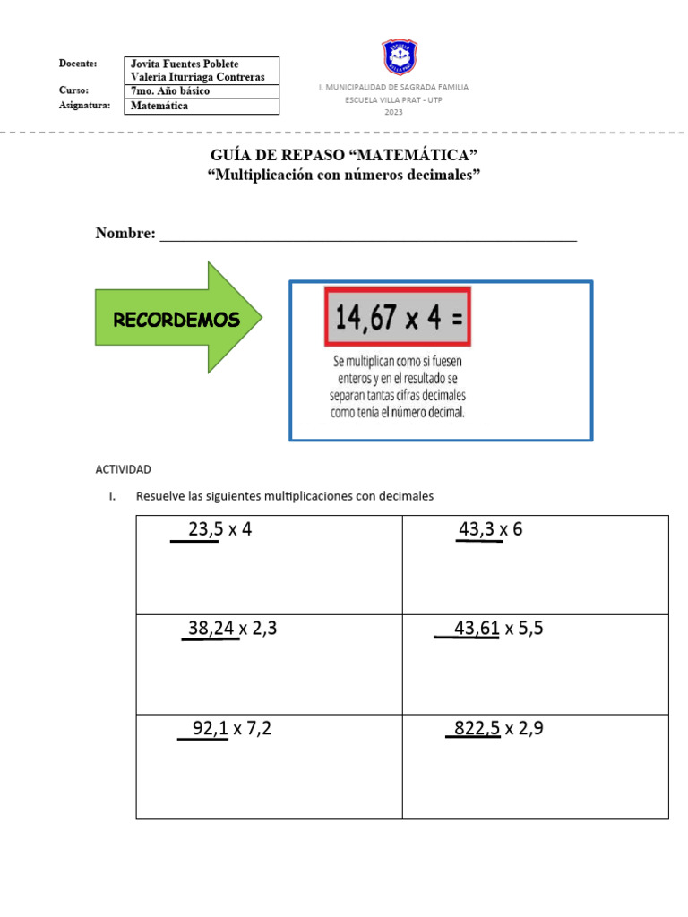 Multiplicacion y División Con Numeros Decimales | PDF | Lexicología ...