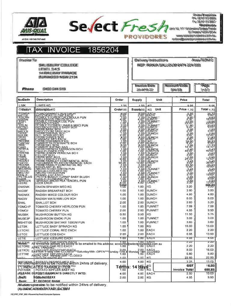 SITXFSA008 -Invoice-Select Fresh | PDF